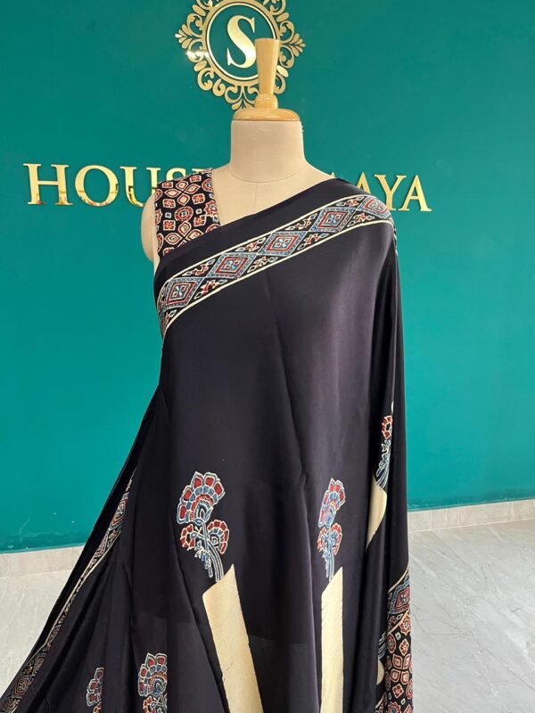 Pure Modal Silk Black Saree with Golden Panels & Intricate Border ...